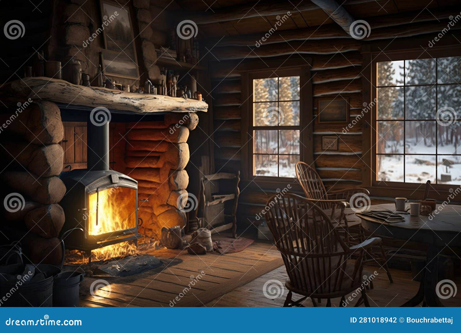 Cabin Interior, Cabin Interior with Winter and Fireplace Stock ...