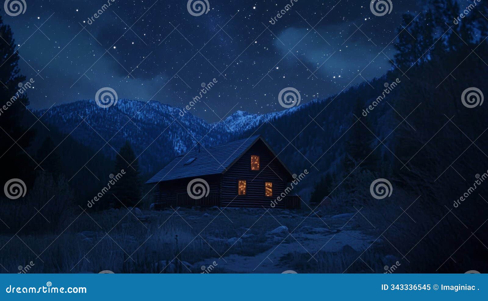 A Cabin with Lights Gleaming in the Night Under a Starry Sky Stock ...