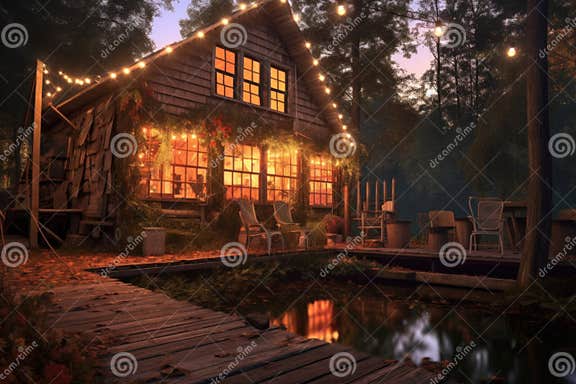 Cabin Lit Up with String Lights in the Evening Stock Image - Image of ...