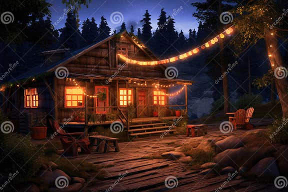 Cabin Lit Up with String Lights in the Evening Stock Photo - Image of ...