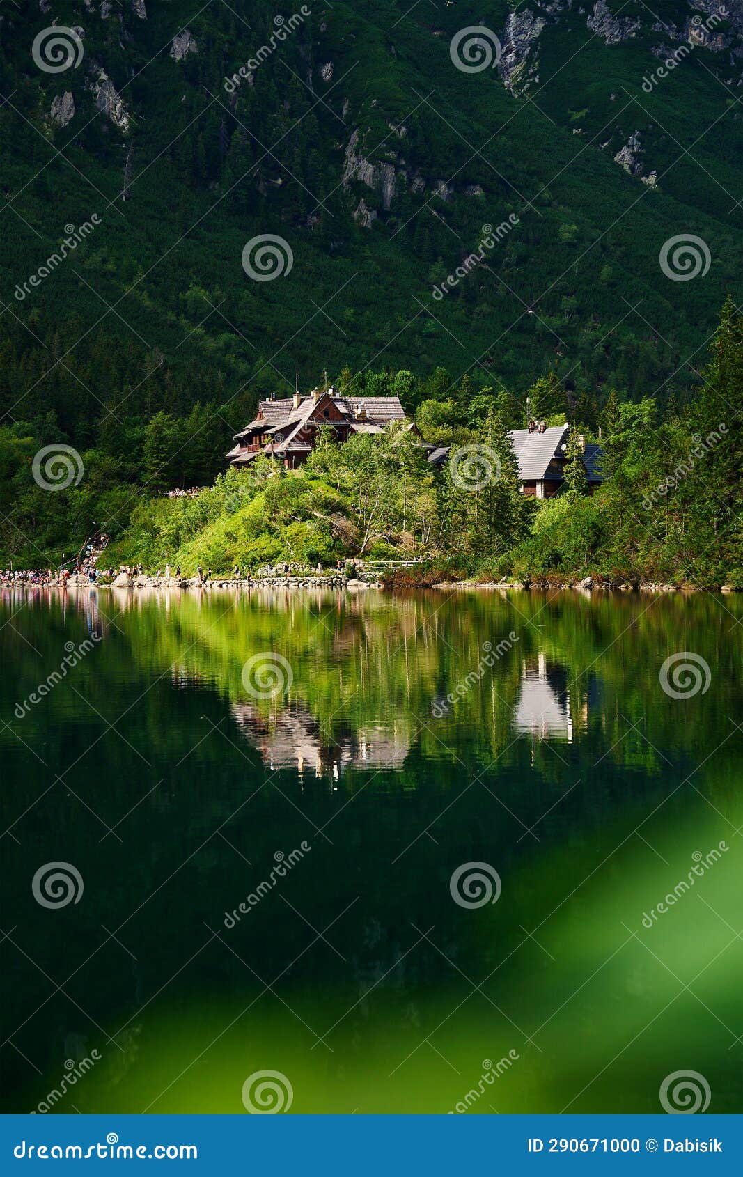 Cabin in Mountains with Green Forest Near Lake Stock Photo - Image of ...
