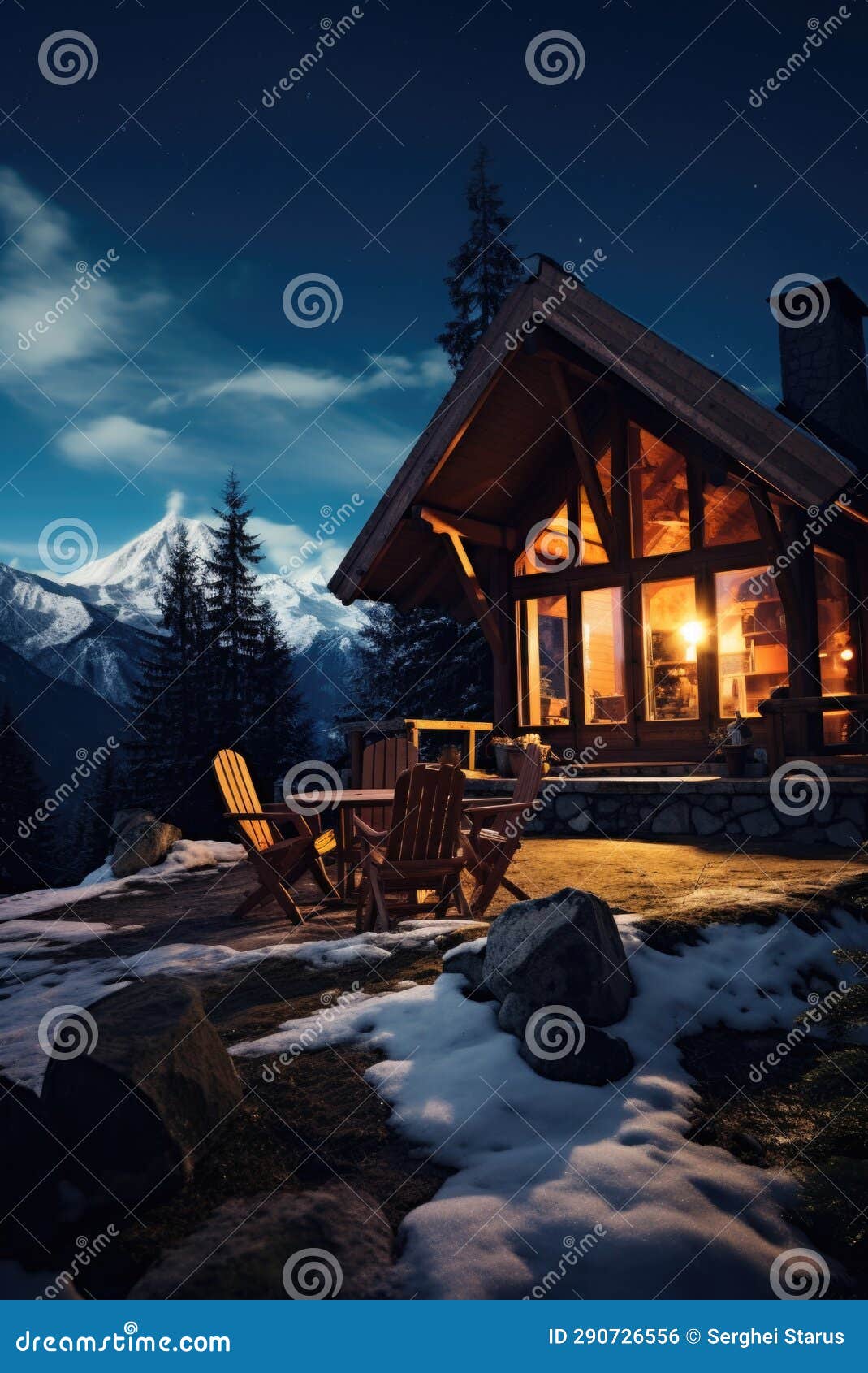 A Cabin at Night with a Fire and a Mountain View, AI Stock Photo ...