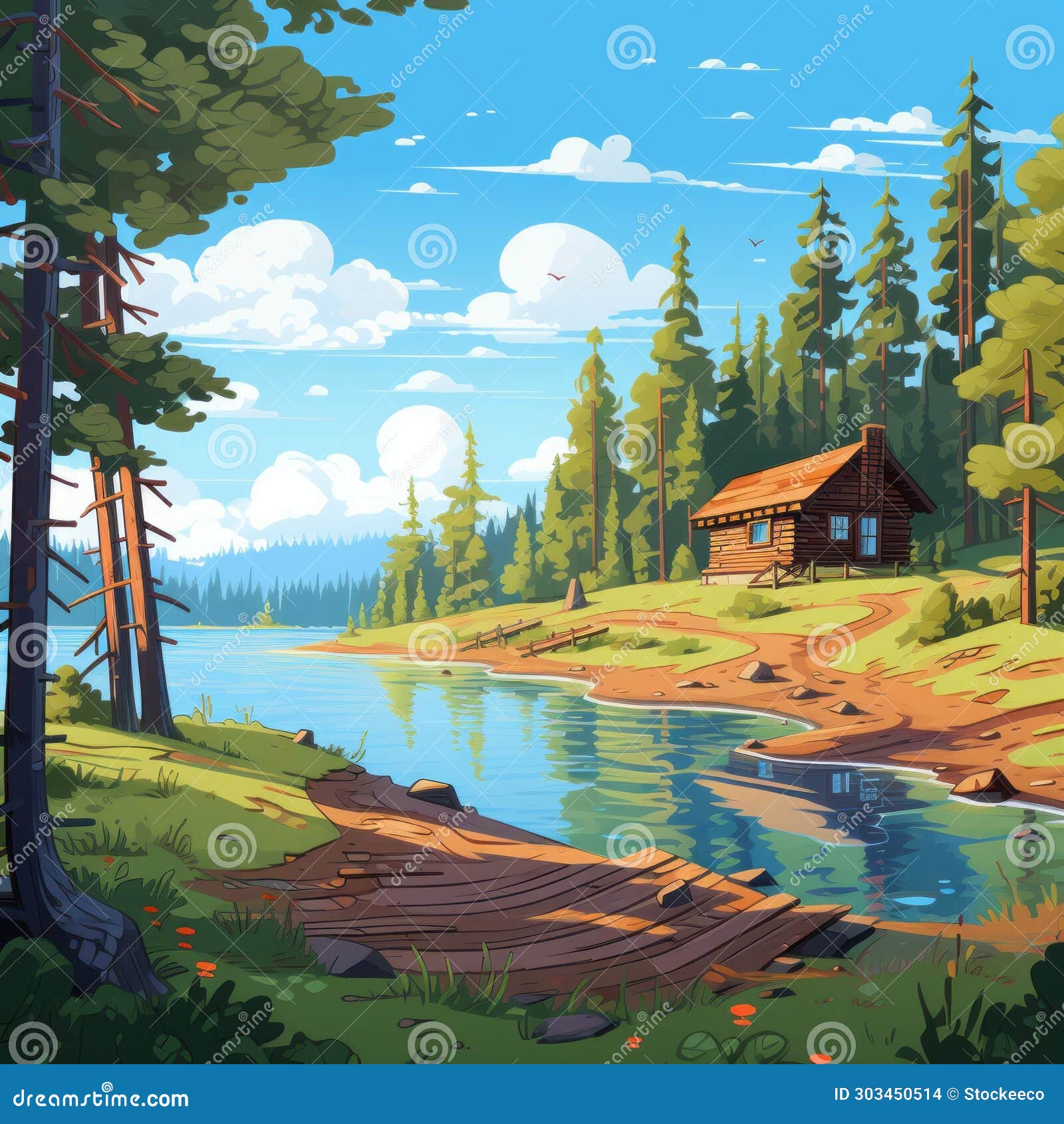 Cartoon Cabin in the Forest: Digital Painting with Expansive Landscapes ...