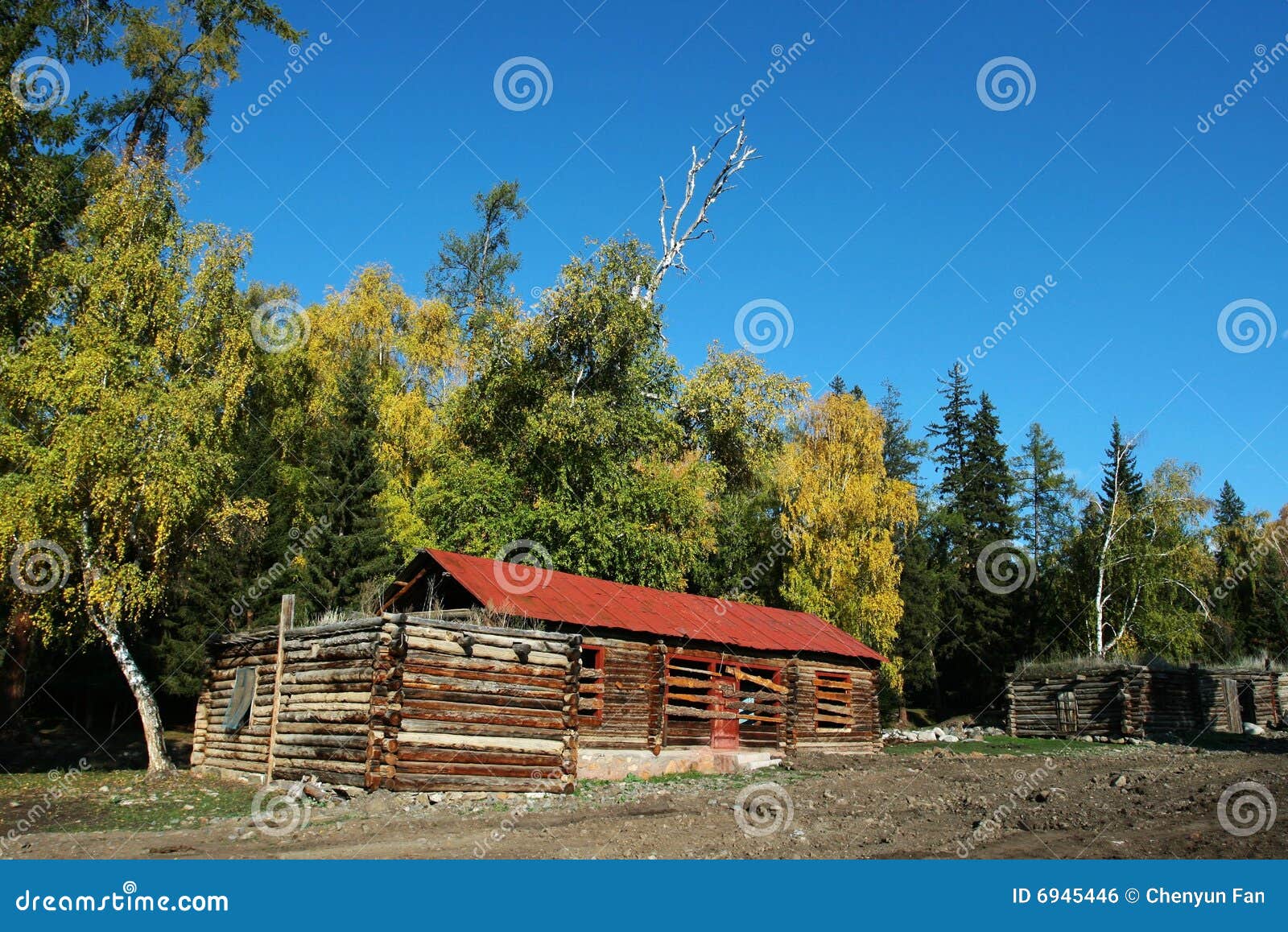 Cabin in village stock photo. Image of blue, fence, green - 6945446