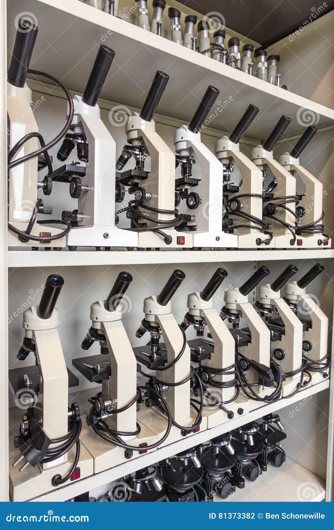 Cabinet with Rows of Microscopes on High School Stock Photo - Image of ...