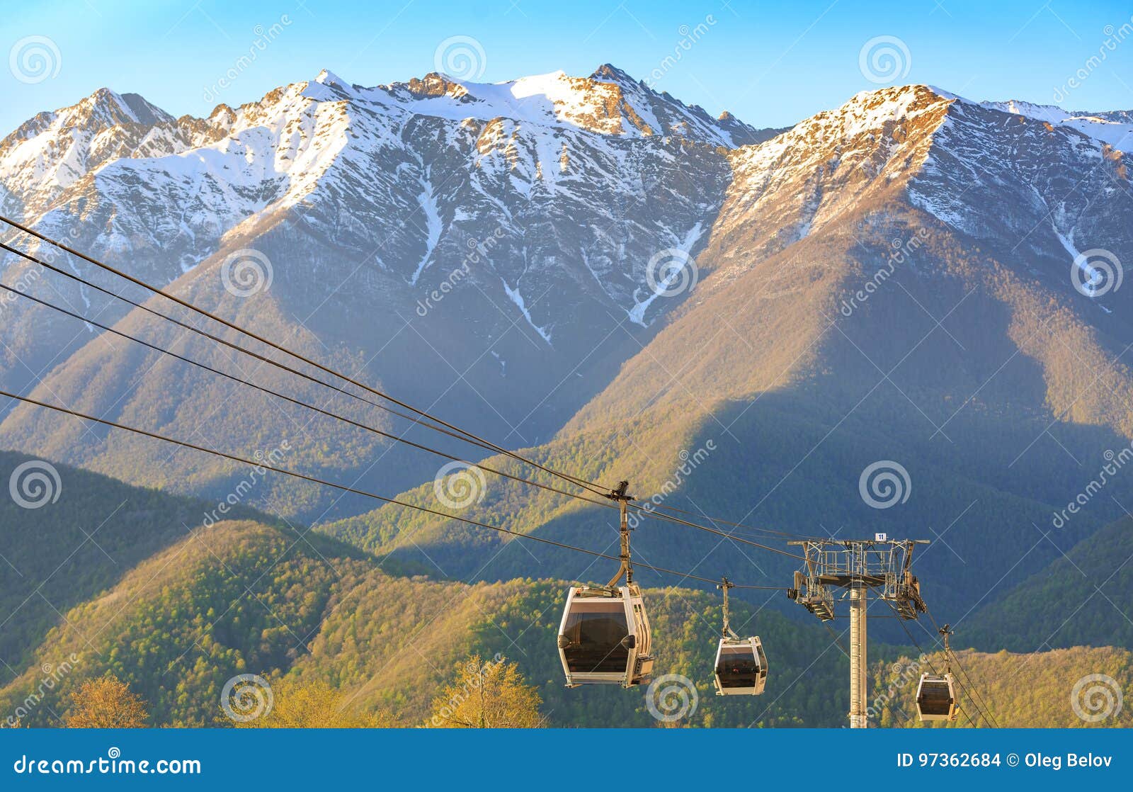 Cabins of Funicular on the Background of Green Forests and Snow-capped ...