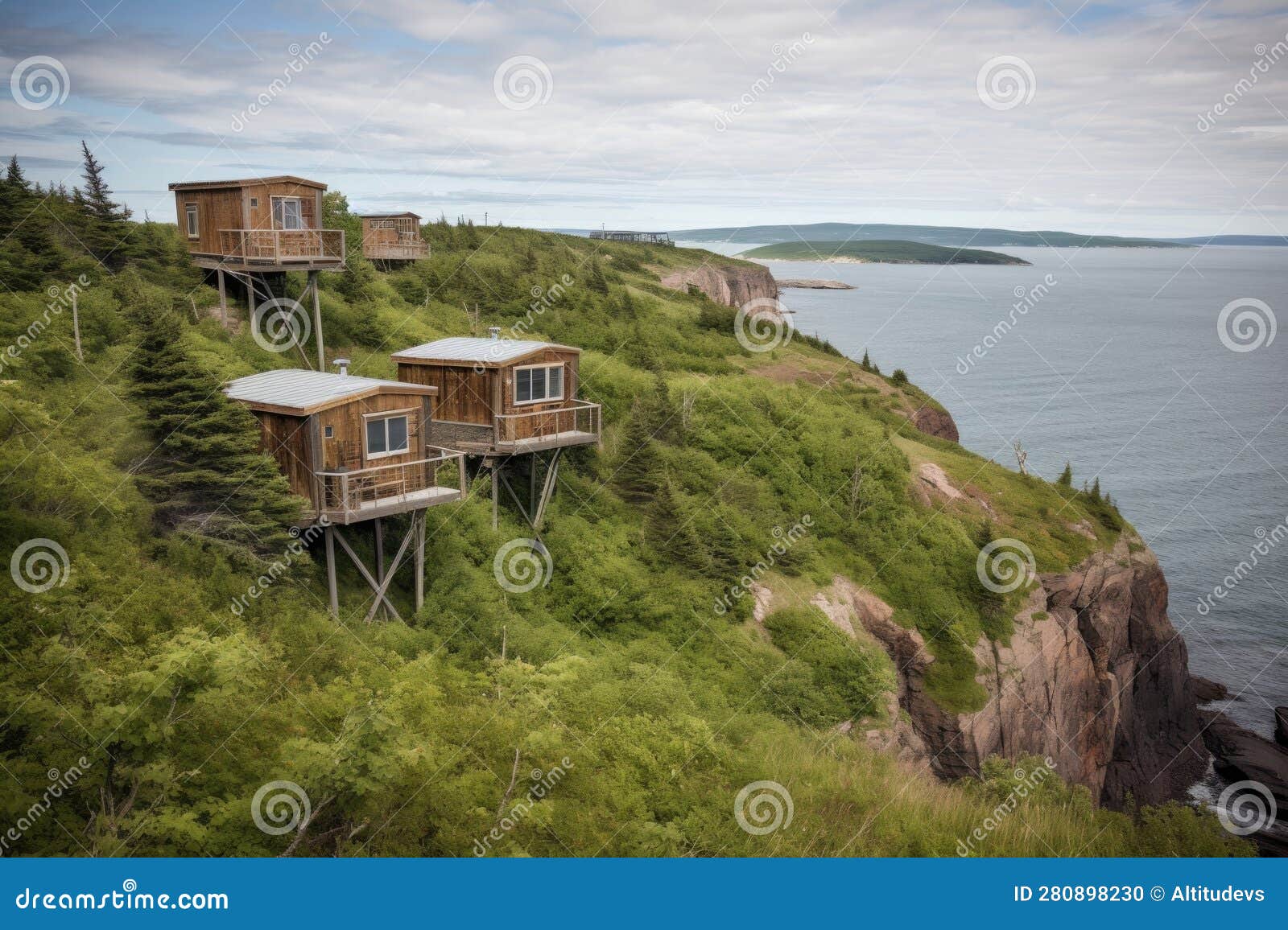 Cabins Perched Atop Cliff, with View of the Ocean and Distant Islands ...