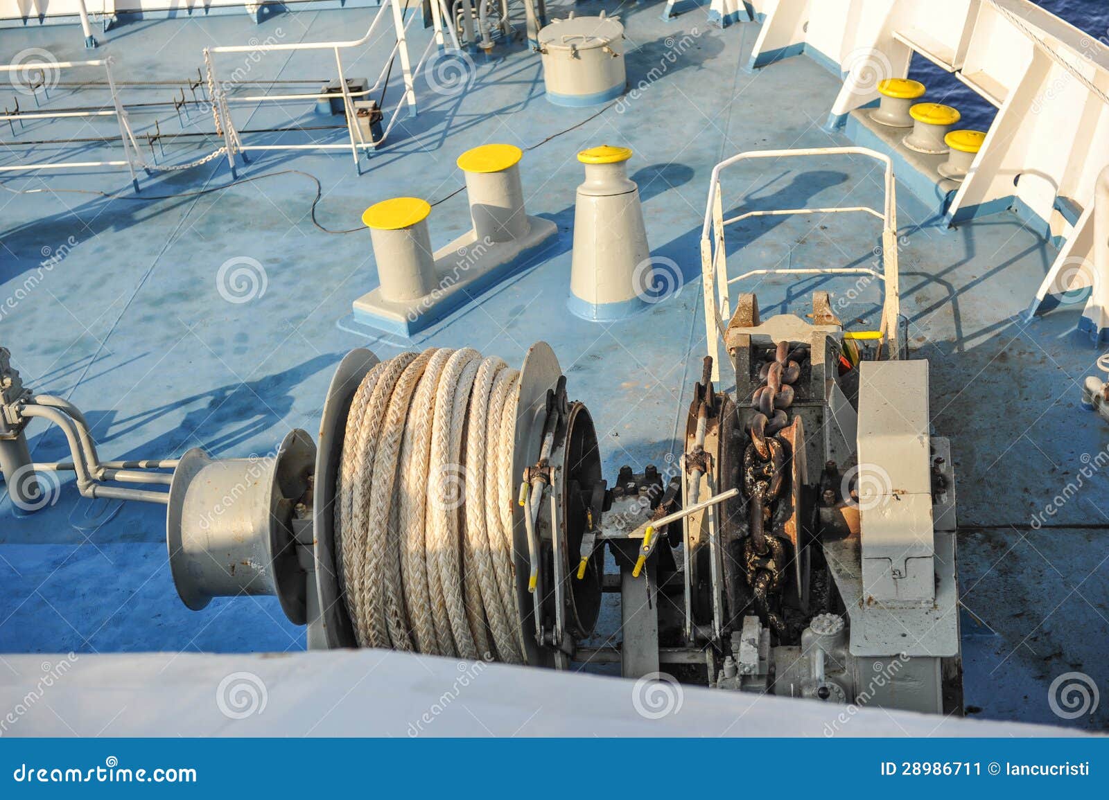 Cable on the Blue Deck of Ship Stock Image - Image of prow, anchored ...
