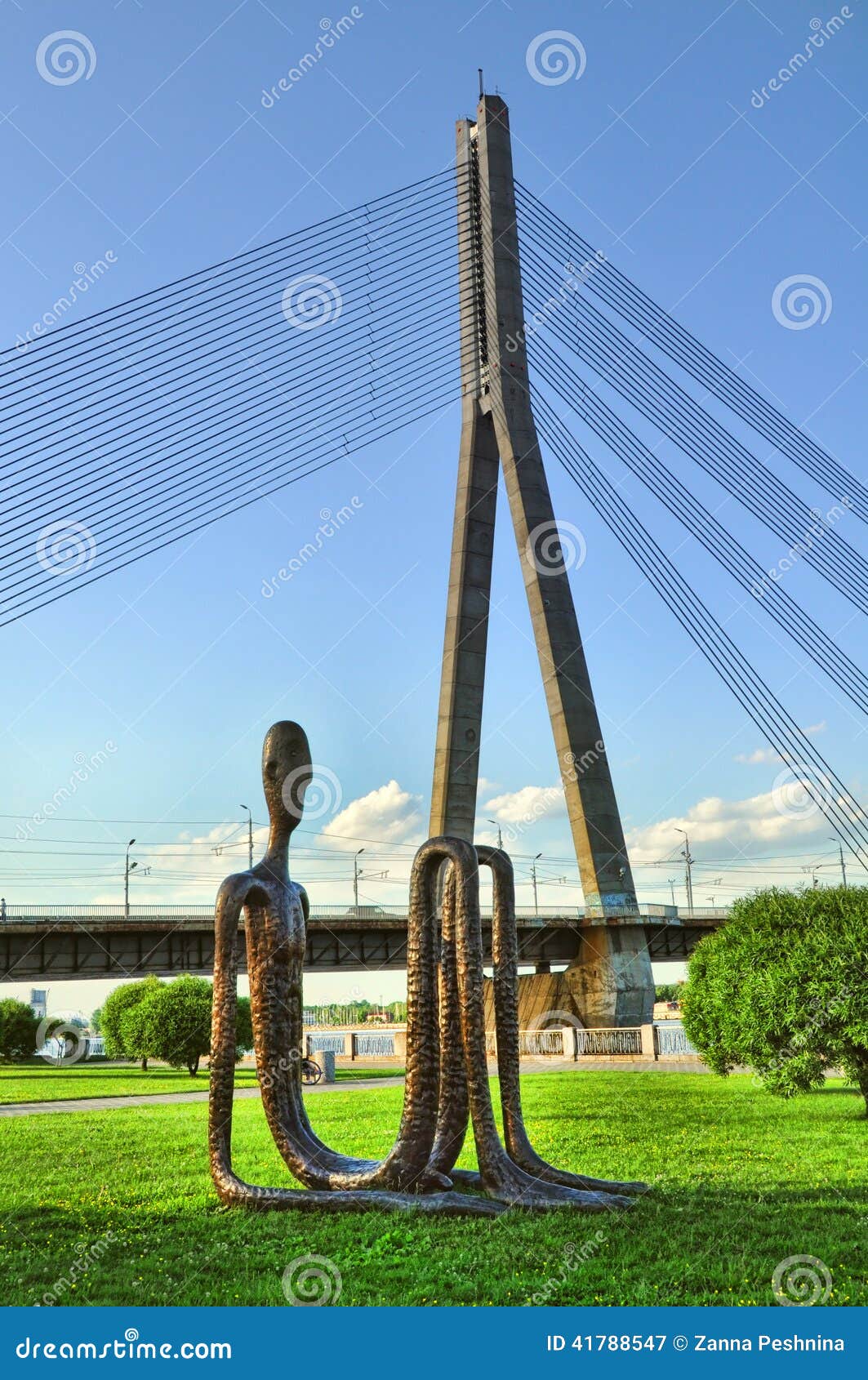 Cable Bridge and Sculpture in Riga Stock Image - Image of skyline ...