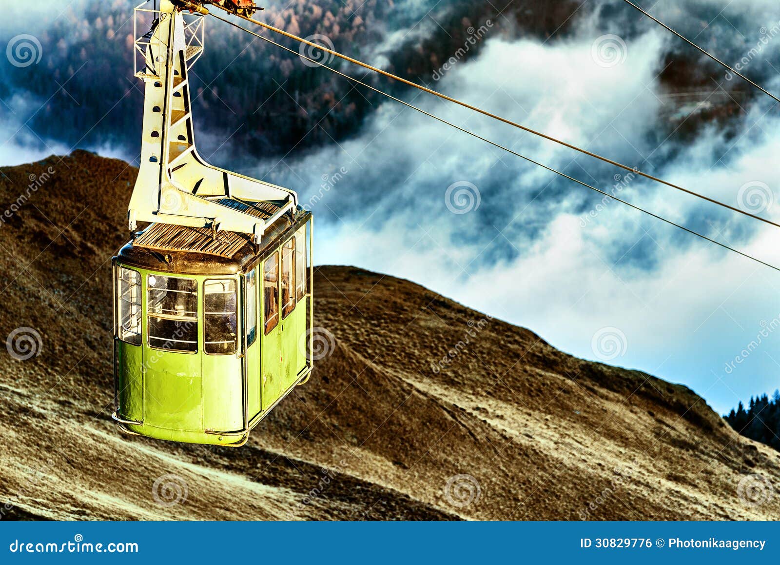 Cable Car Going Up Over the Mountain and Clouds Stock Photo - Image of ...