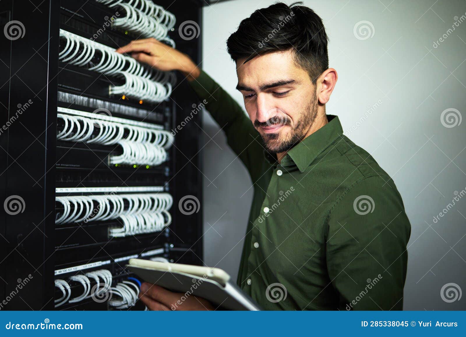 Cable, Engineer Man and Data Center with a Tablet for Programming ...