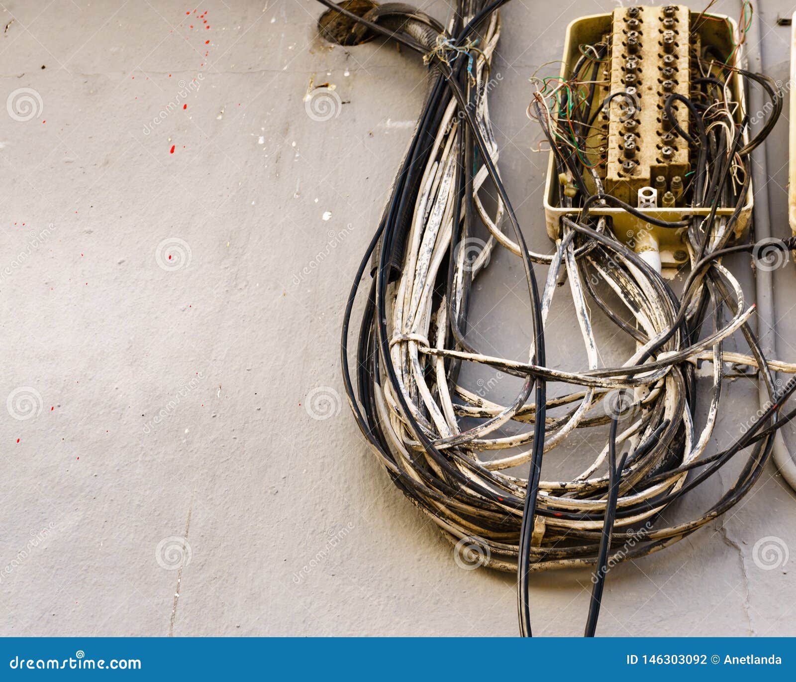 Cable Power Cords in Tangled Mess on Wall Outdoor Stock Photo - Image ...
