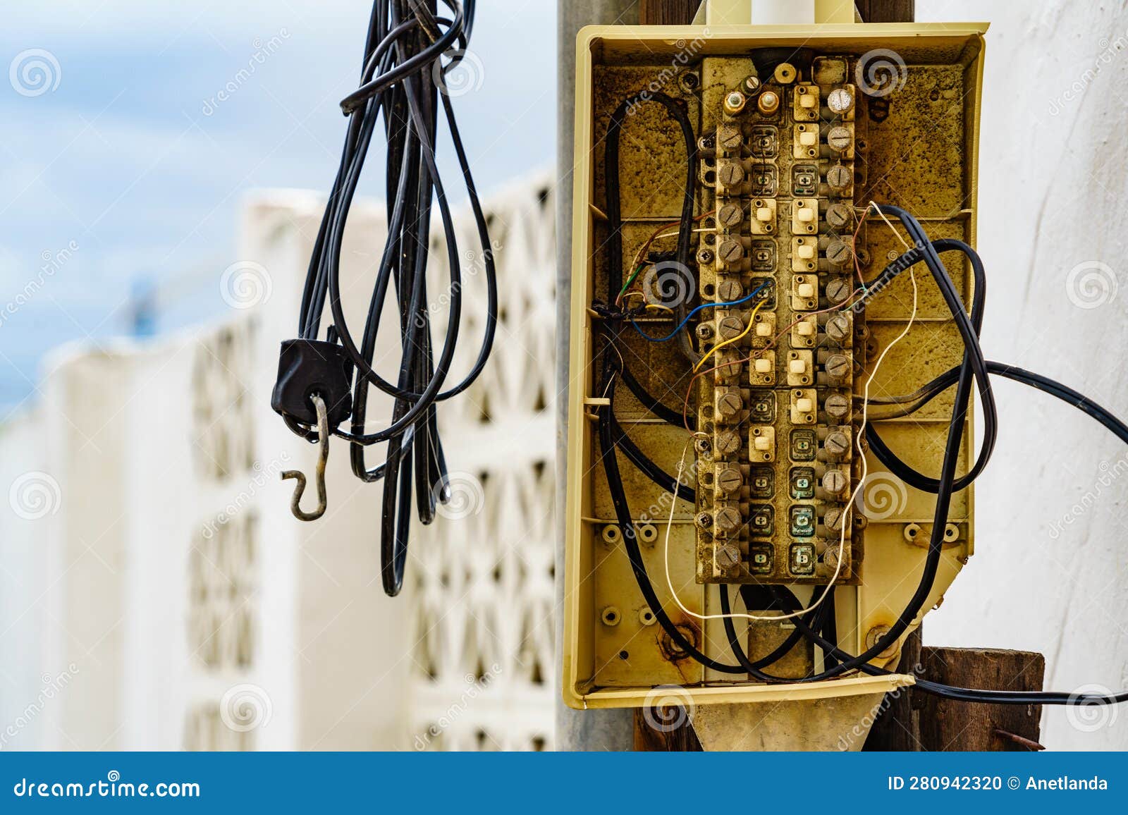 Cable Power Cords in Tangled Mess on Wall Outdoor Stock Photo - Image ...