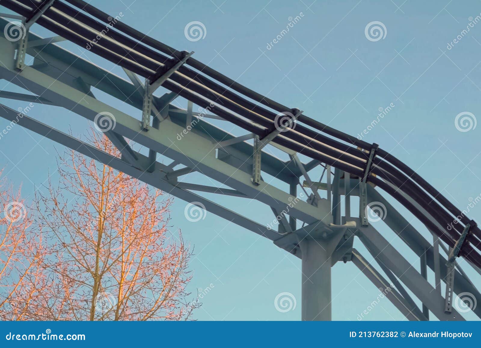Cable route on steel poles stock photo. Image of system - 213762382