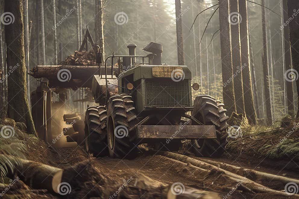 Cable Skidder Pulling Logs in Forest Stock Illustration - Illustration ...