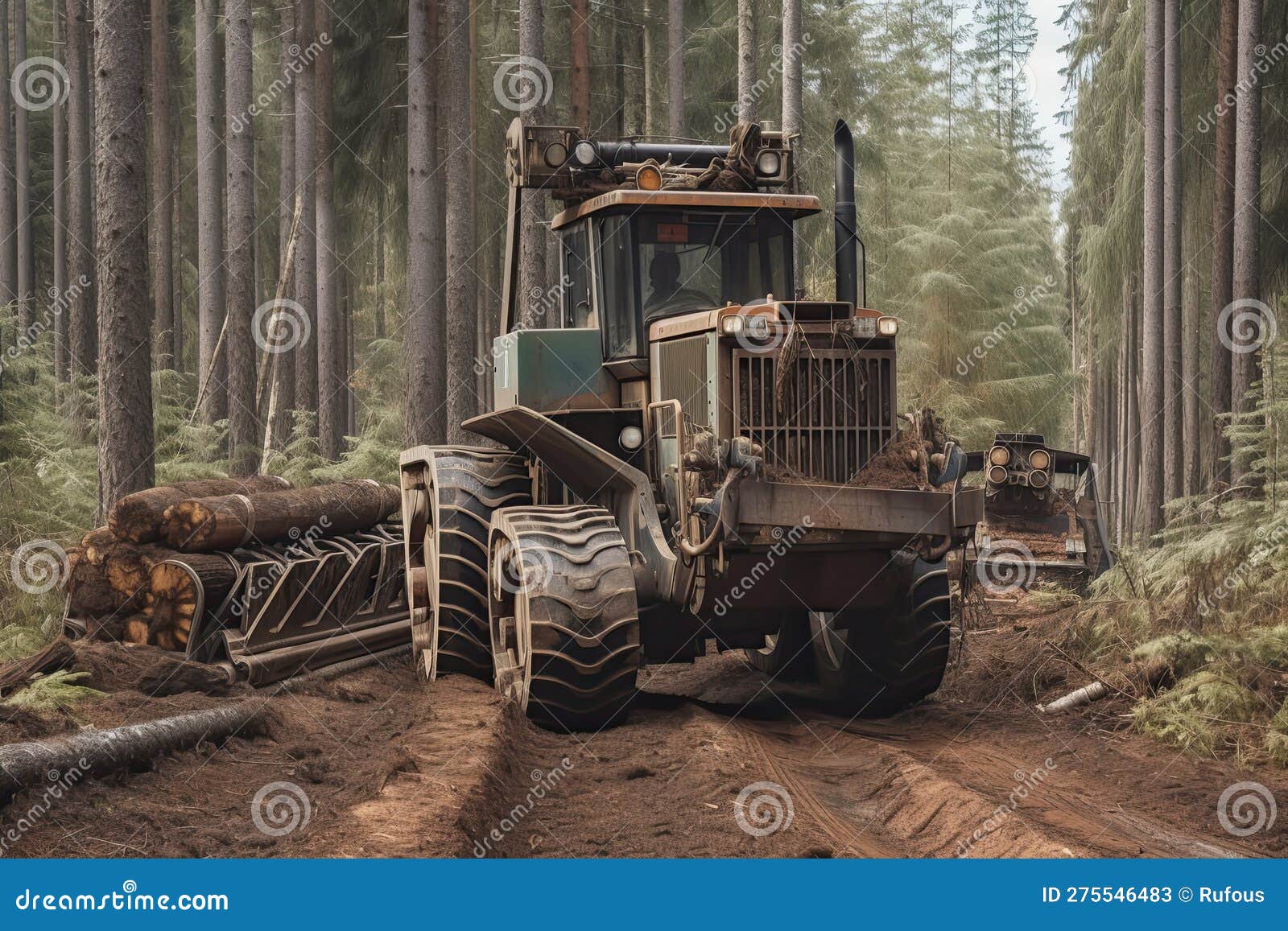 Cable Skidder Pulling Logs in Forest Stock Illustration - Illustration ...