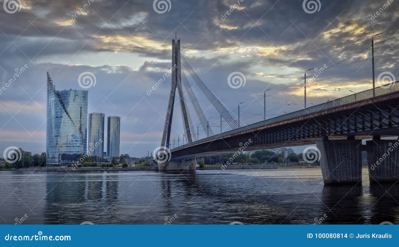 Cable-stayed Bridge Across Daugava River in Riga, Latvia. Stock Photo ...