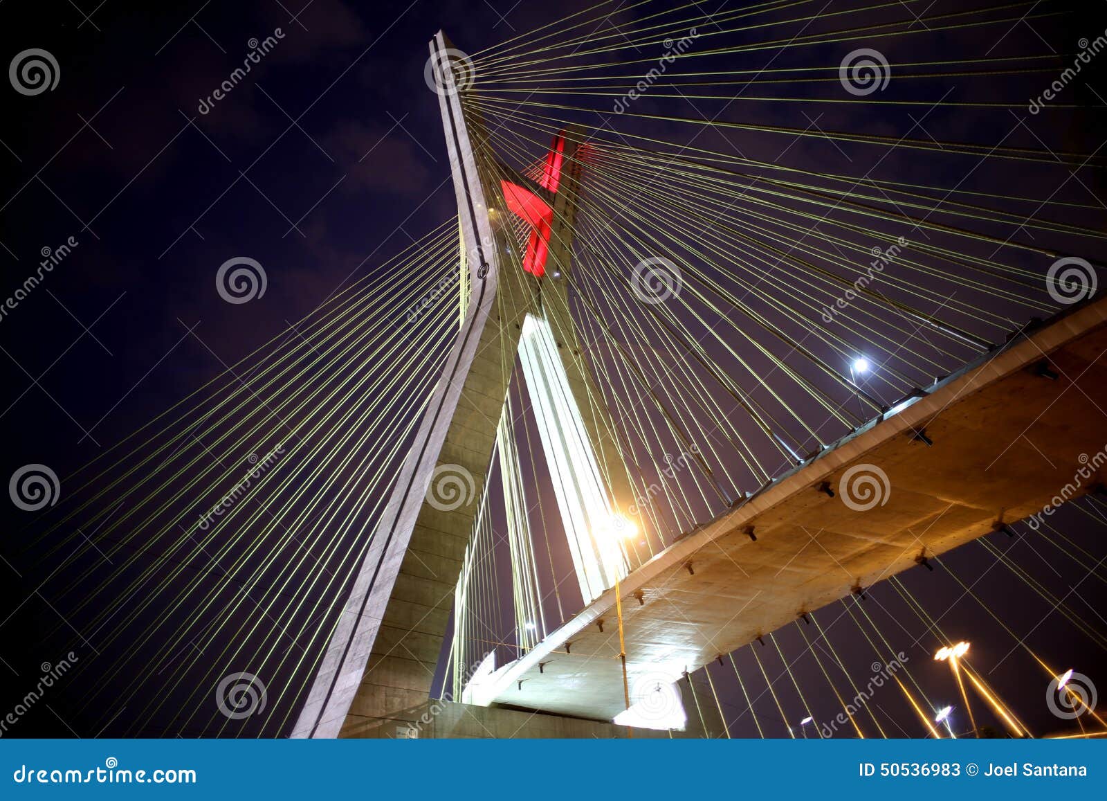 Cable-stayed Bridge Illuminated at Night Stock Image - Image of bridge ...