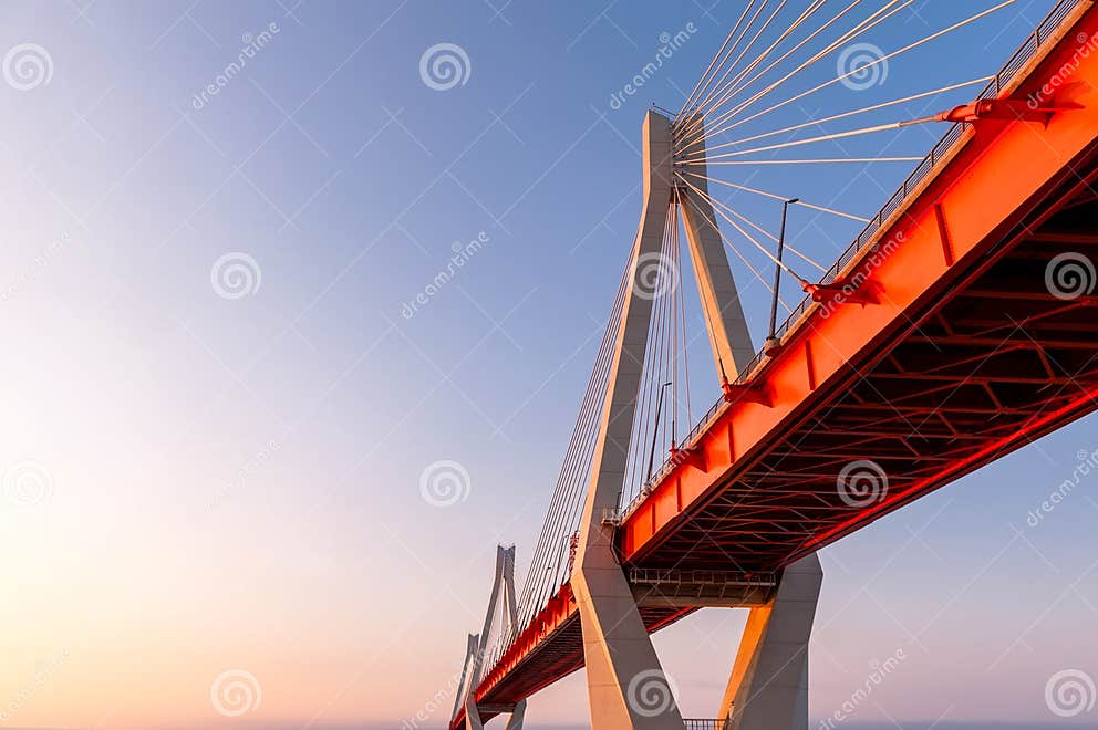 Cable-stayed Bridge in the Light of the Morning Sun and Against the ...