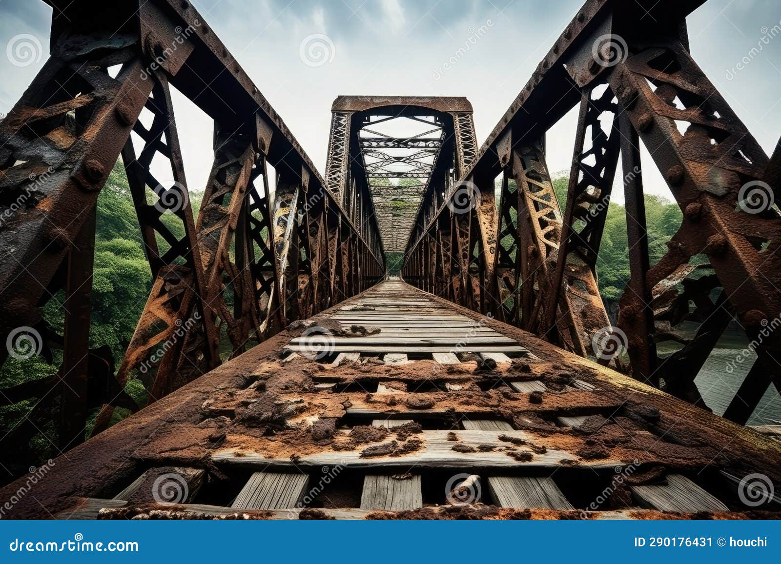 Cable-Stayed Bridge. Old Rusty Aged Railroad Bridge Over a River. Blue ...