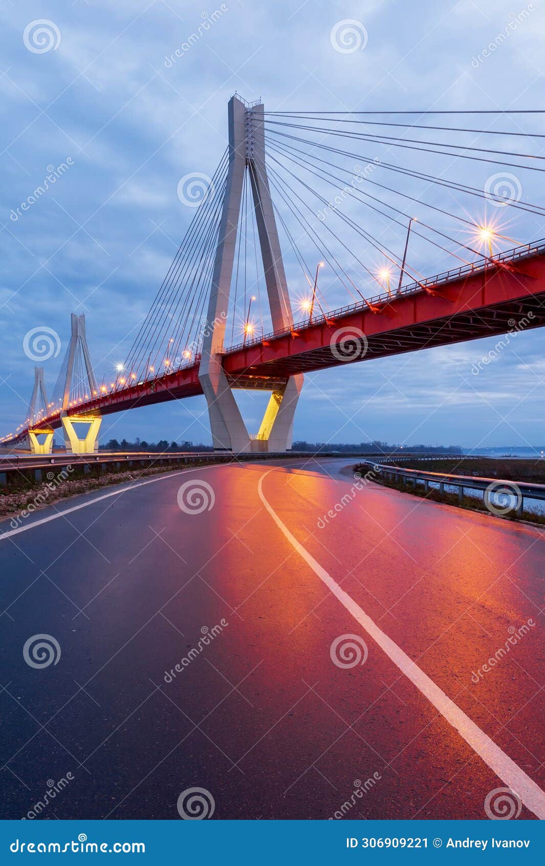 Cable-stayed Bridge at Sunset Against a Beautiful Sky and in the Rays ...