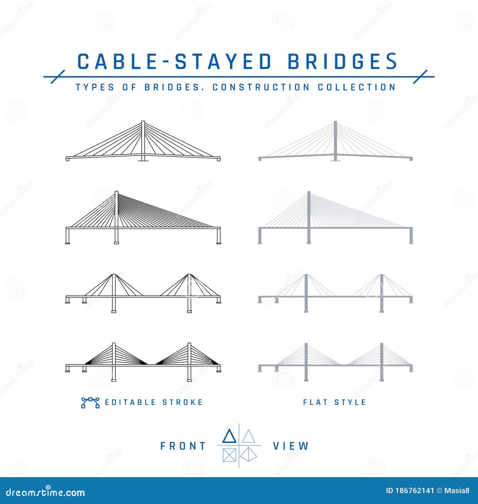Cable-stayed Bridges Icons in Flat Style, Vector Stock Vector ...