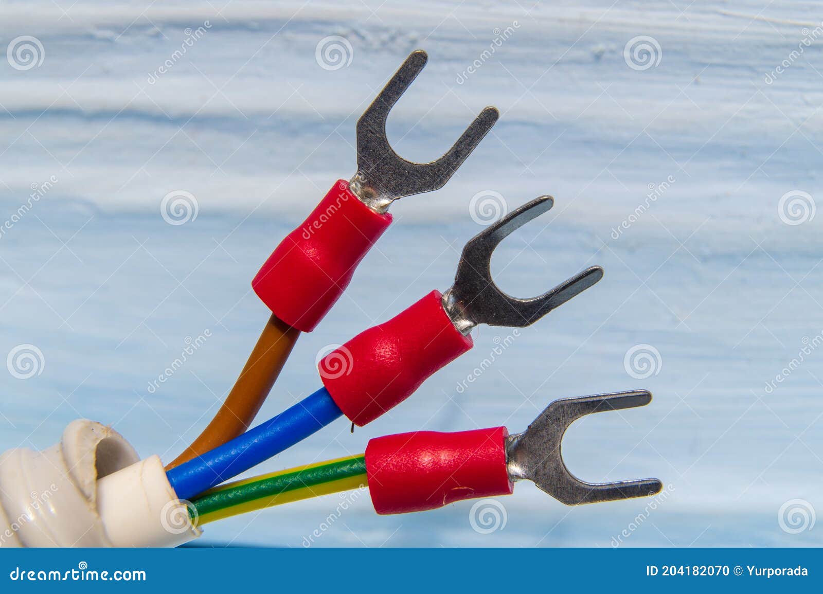 Cable With Three Electrical Wires And Terminals On Blue Background ...