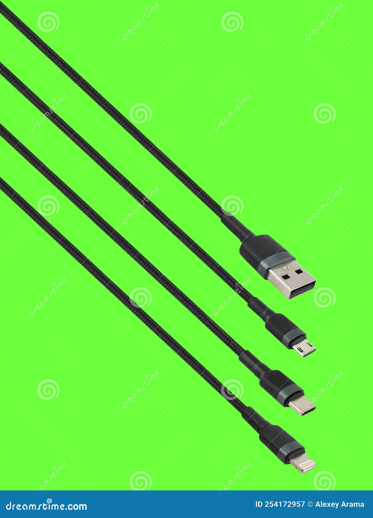 Cable with USB, Micro USB, Lightning and Type-C Connector, on a Green ...