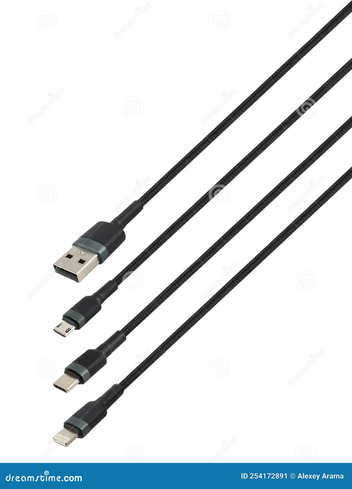 Cable with USB, Micro USB, Lightning and Type-C Connector, Isolated on ...