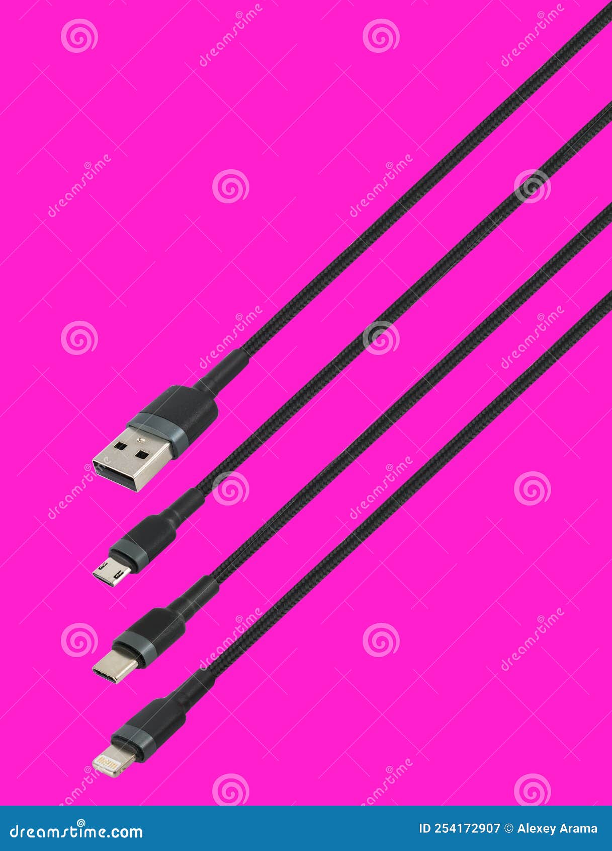 Cable with USB, Micro USB, Lightning and Type-C Connector, on a Red ...