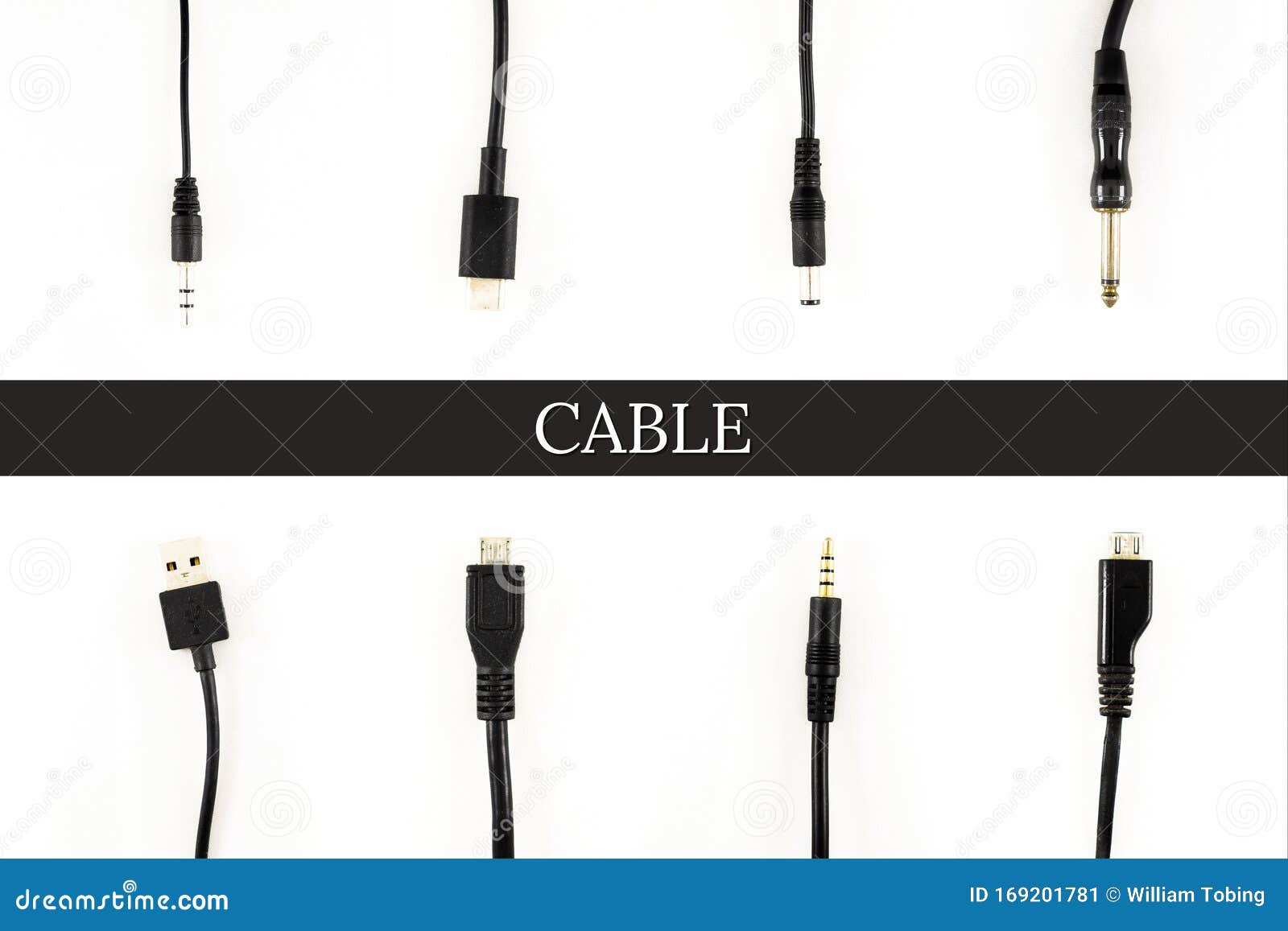 Cable Various Type Black Color Isolated on White Background. Electronic ...