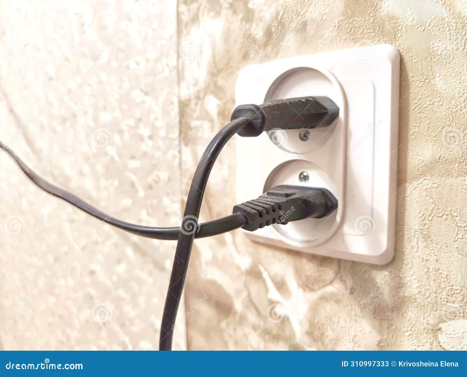 Cables Connected To Power Sockets Against a Decorative Wall. Dual ...