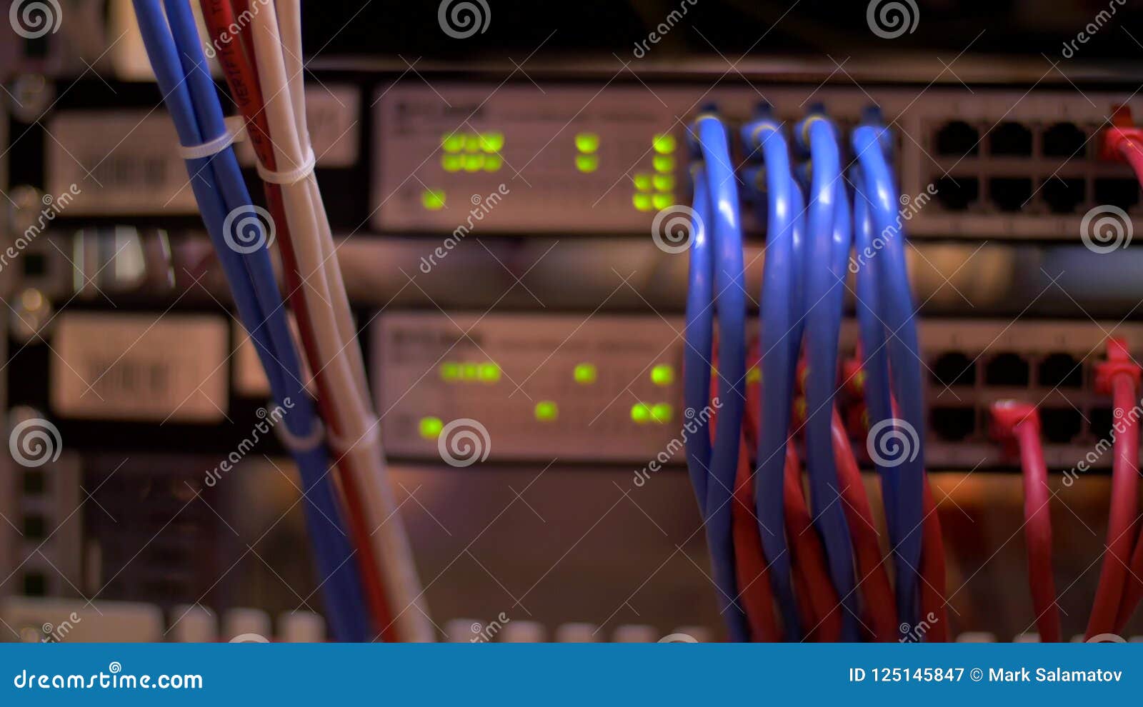 Cables and Connections on Network Server. Server Rack and Network Hub ...