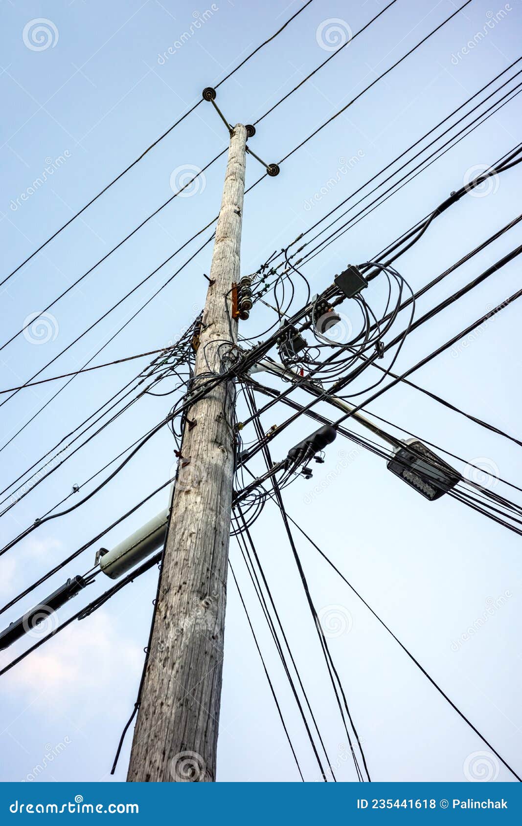 Pole with Power Cables and Communication Lines Stock Photo - Image of ...