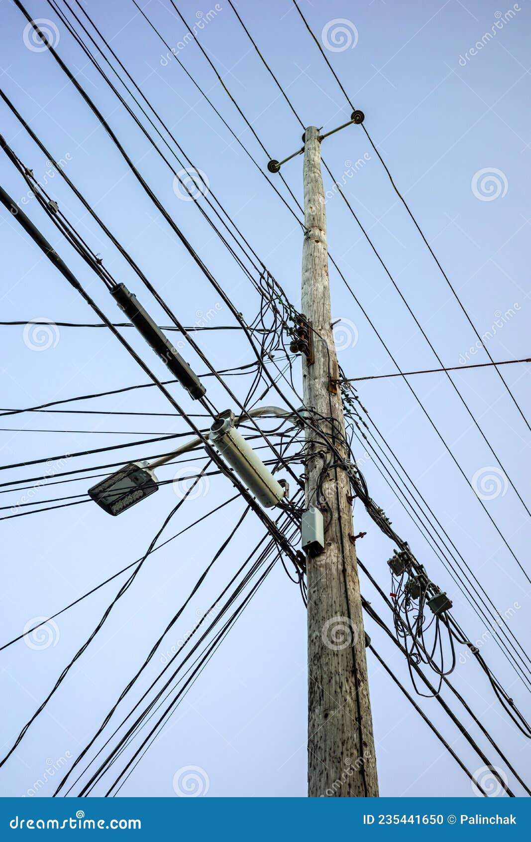 Pole with Power Cables and Communication Lines Stock Photo - Image of ...