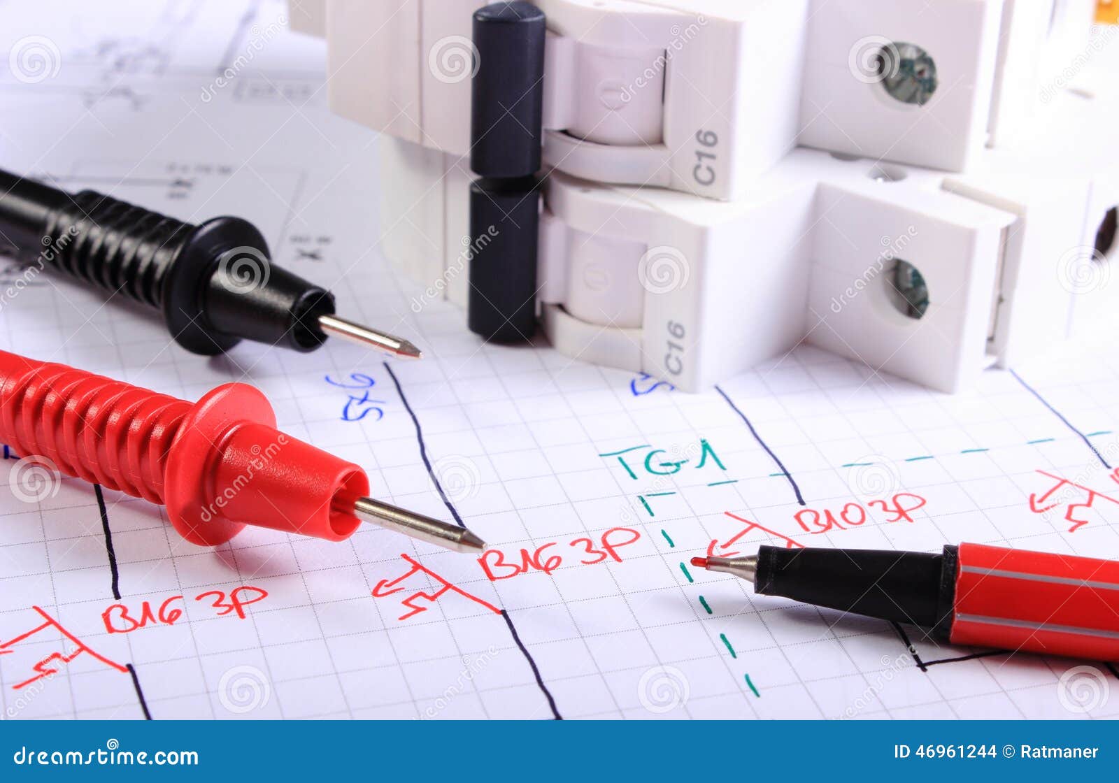 Cables Of Multimeter Pen And Electric Fuse On Electrical Drawing Stock ...
