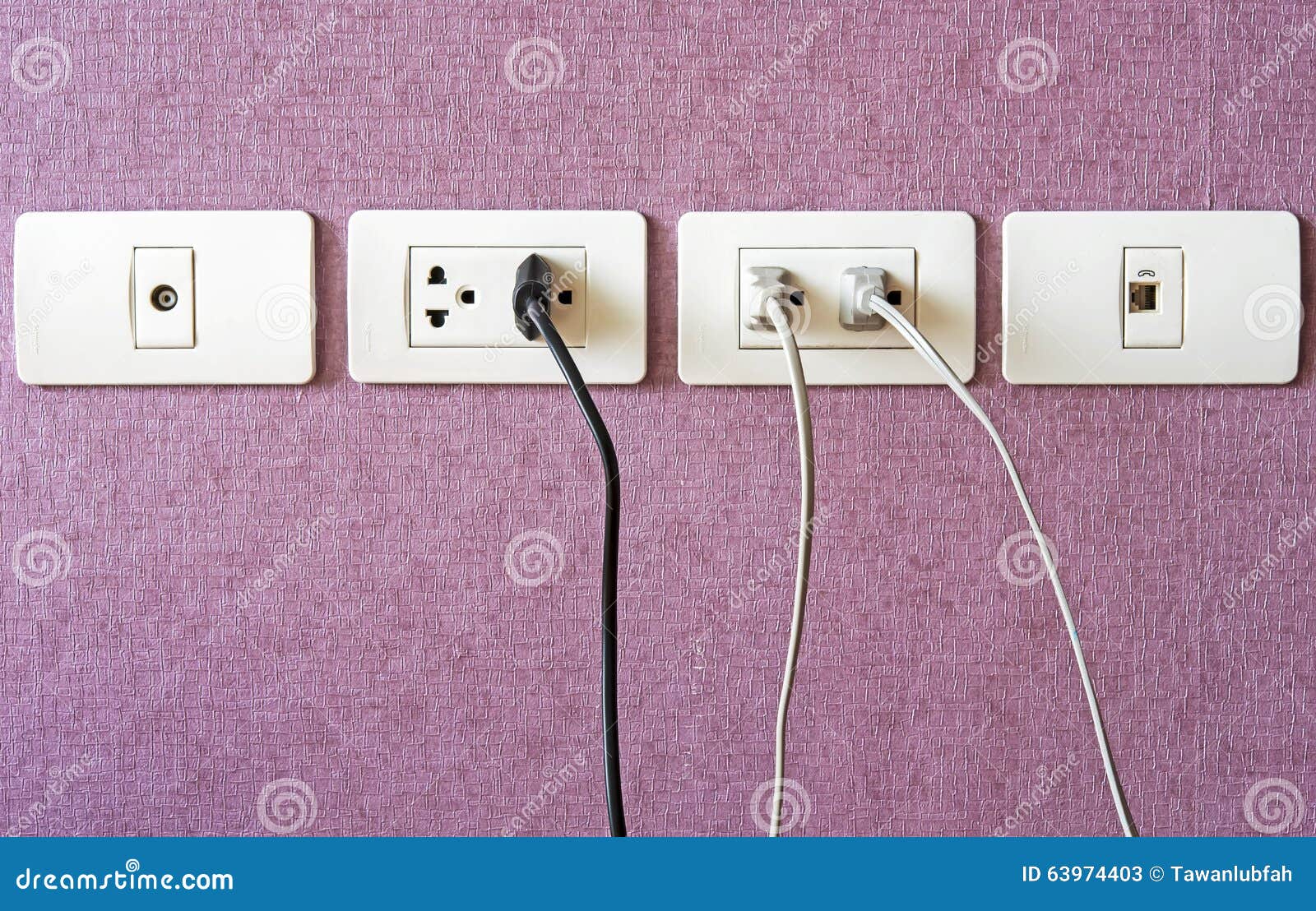 Cables Plugged in a White Electric Outlet Mounted on Pink Wall Stock ...
