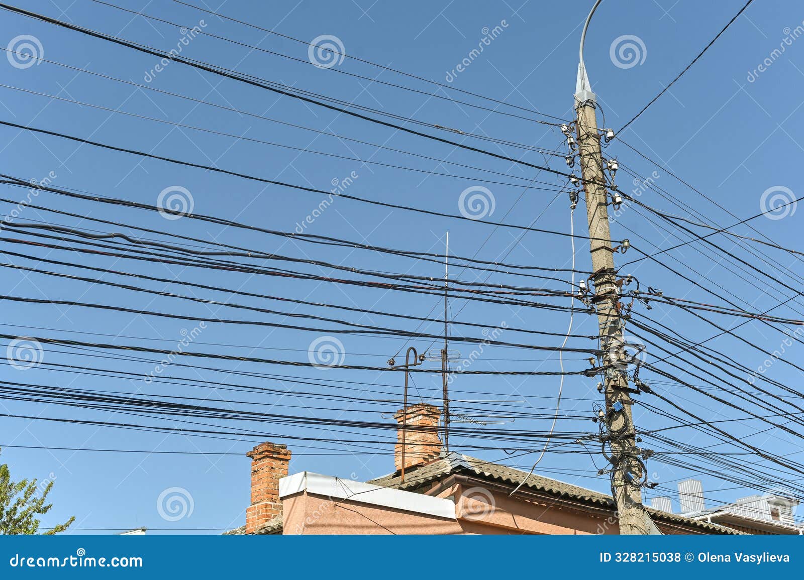 Many Cables and Wires on an Electric Pole. Stock Photo - Image of ...