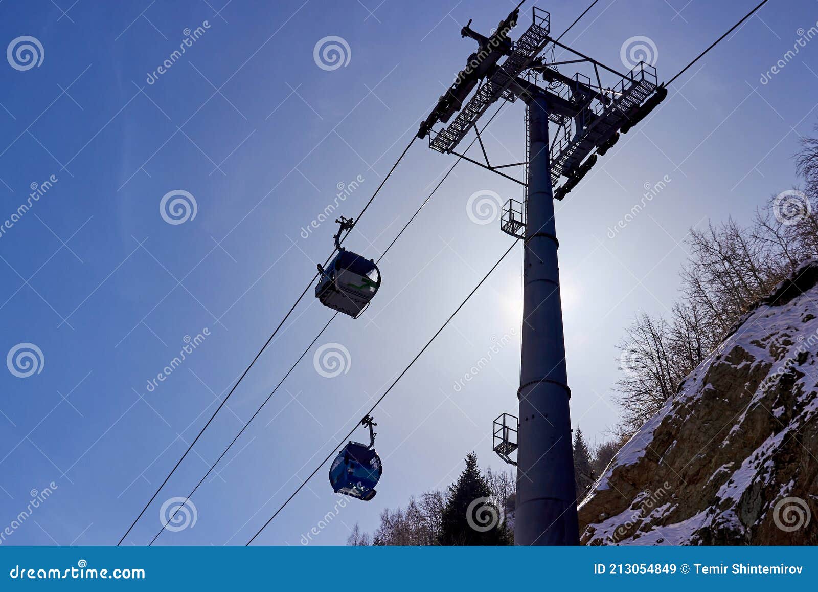 Cableway Cabins and Intermediate Support Tower on the Background of the ...