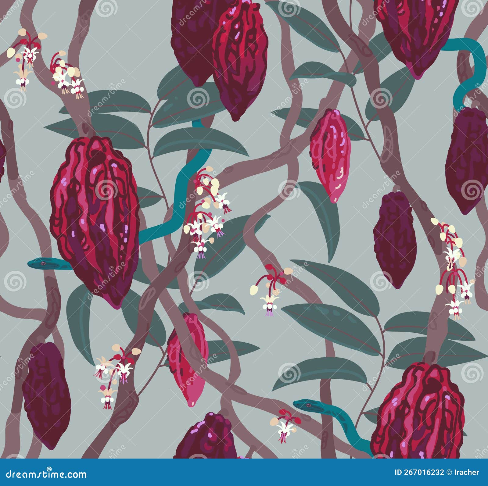 Cacao Tree with Cocoa Beans, Flowers and Leaves on Neutral Light Blue ...