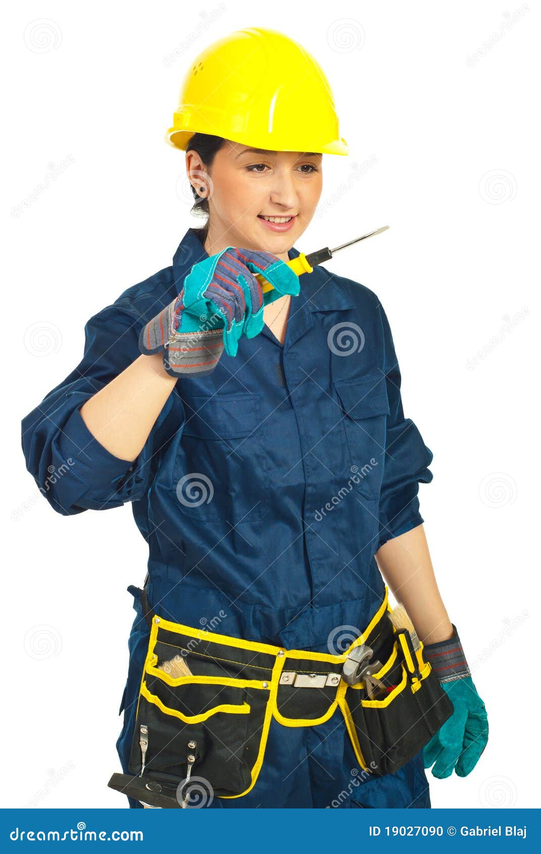 Cacciavite Della Holding Della Donna Del Giovane Operaio Fotografia ...