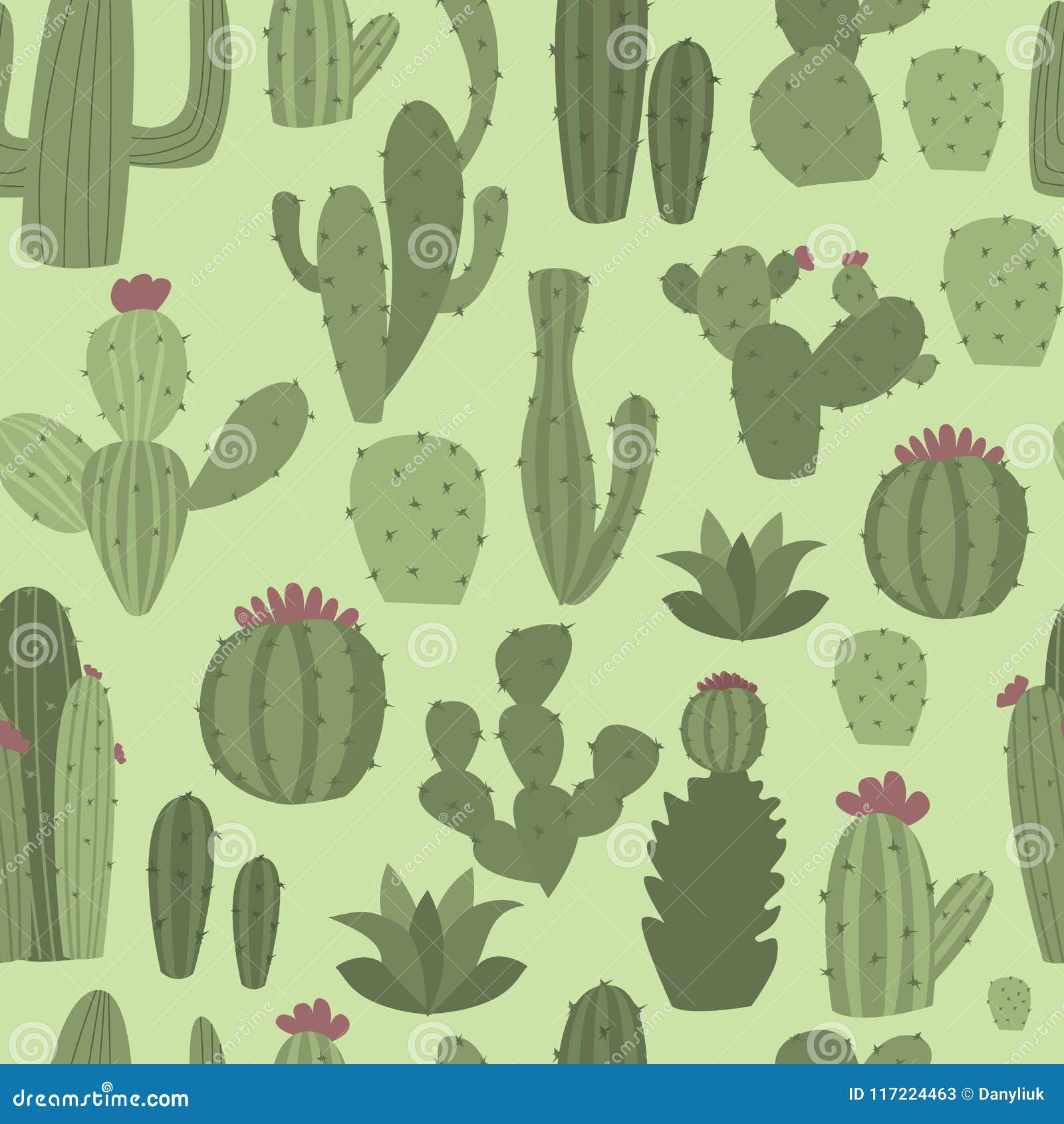 Cacti Seamless Pattern with Succulen Green Cactus Vector Illustration ...