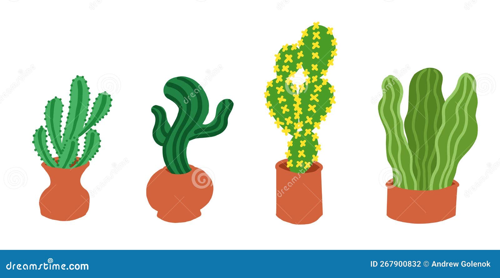Cacti Set in Cartoon Flat Style Stock Vector - Illustration of ...