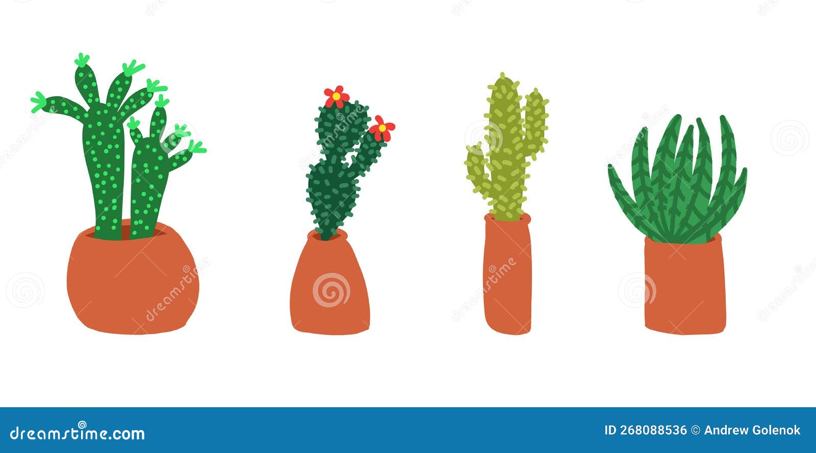 Cacti Set in Cartoon Flat Style Stock Vector - Illustration of mexico ...