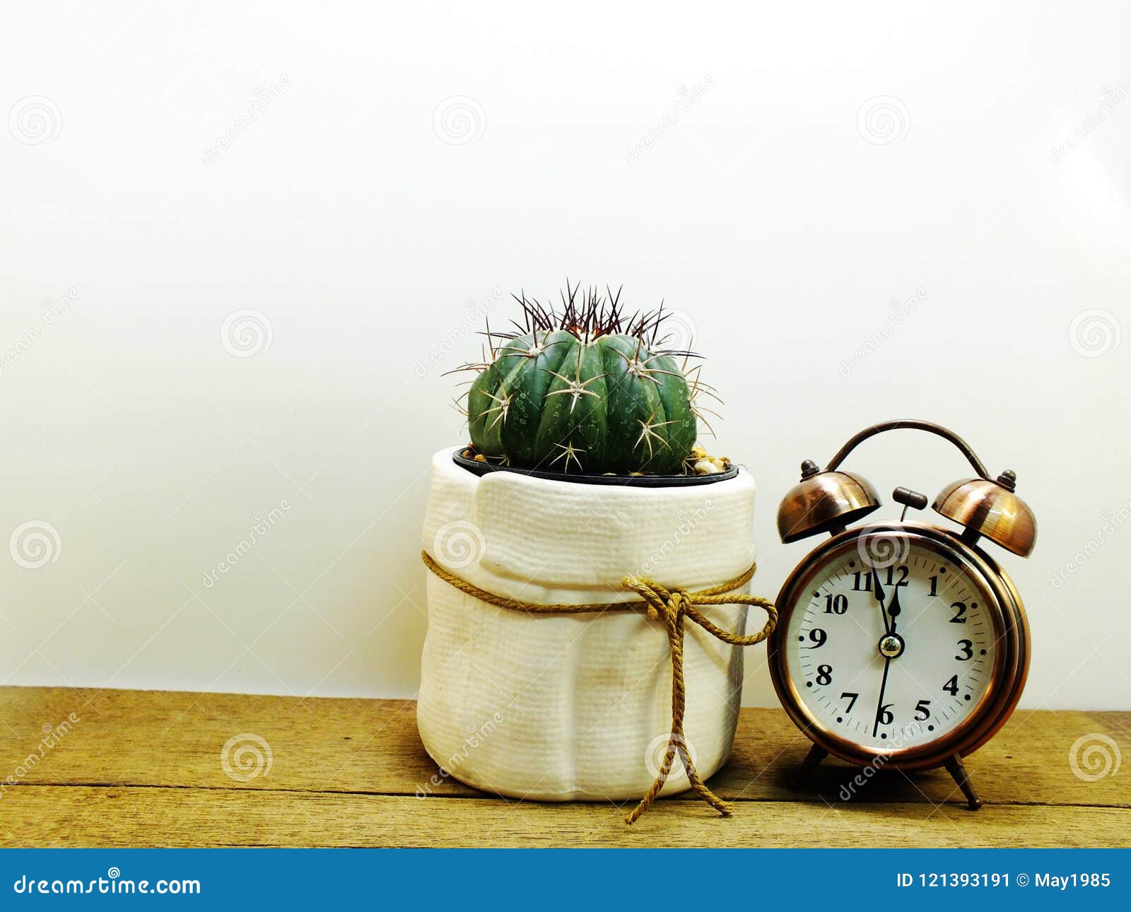 Cactus and Alarm Clock with Space Copy on Wooden Tabla Stock Image ...