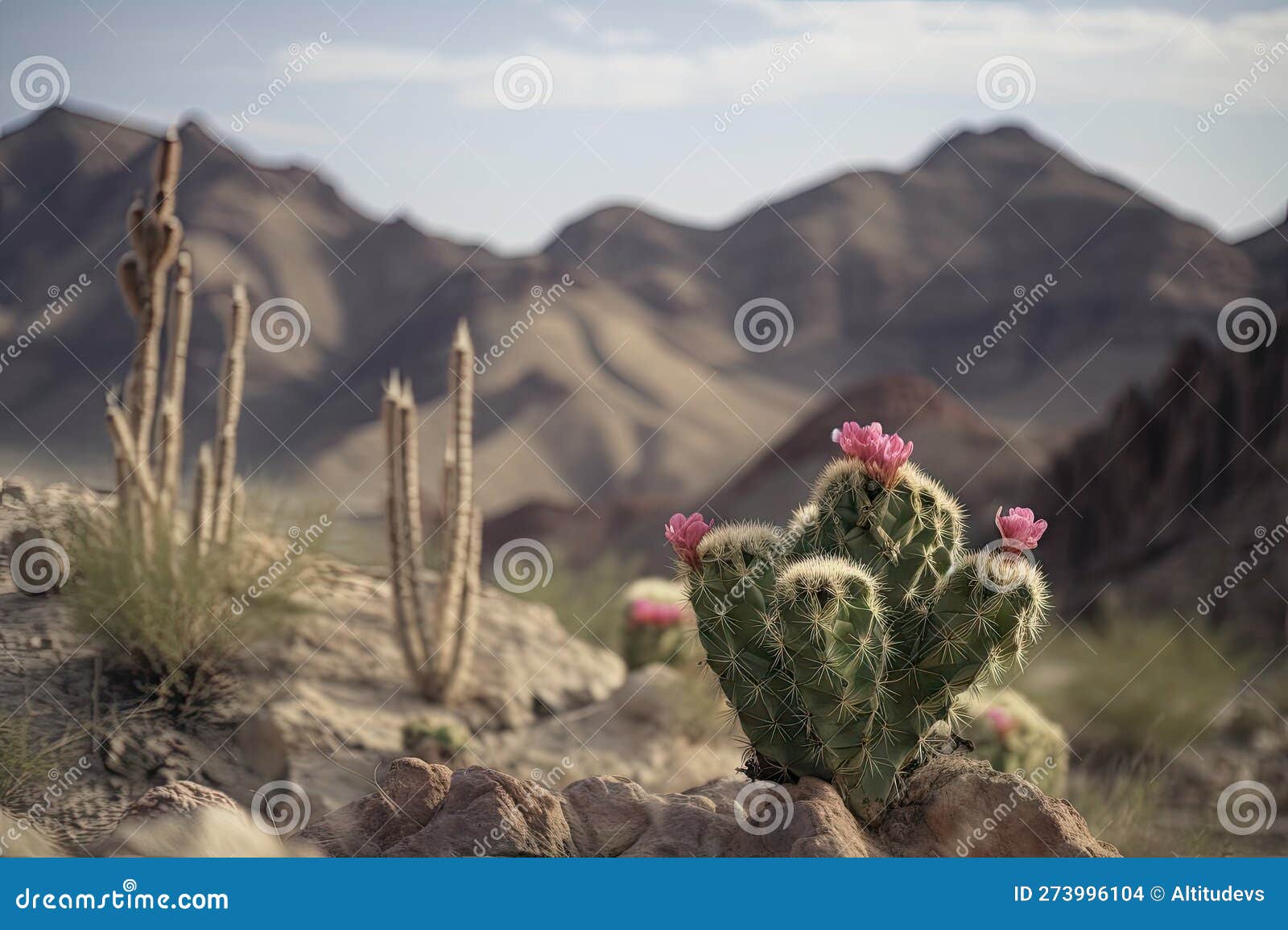 Cactus Blooming in the Desert, with View of a Distant Mountain Range ...
