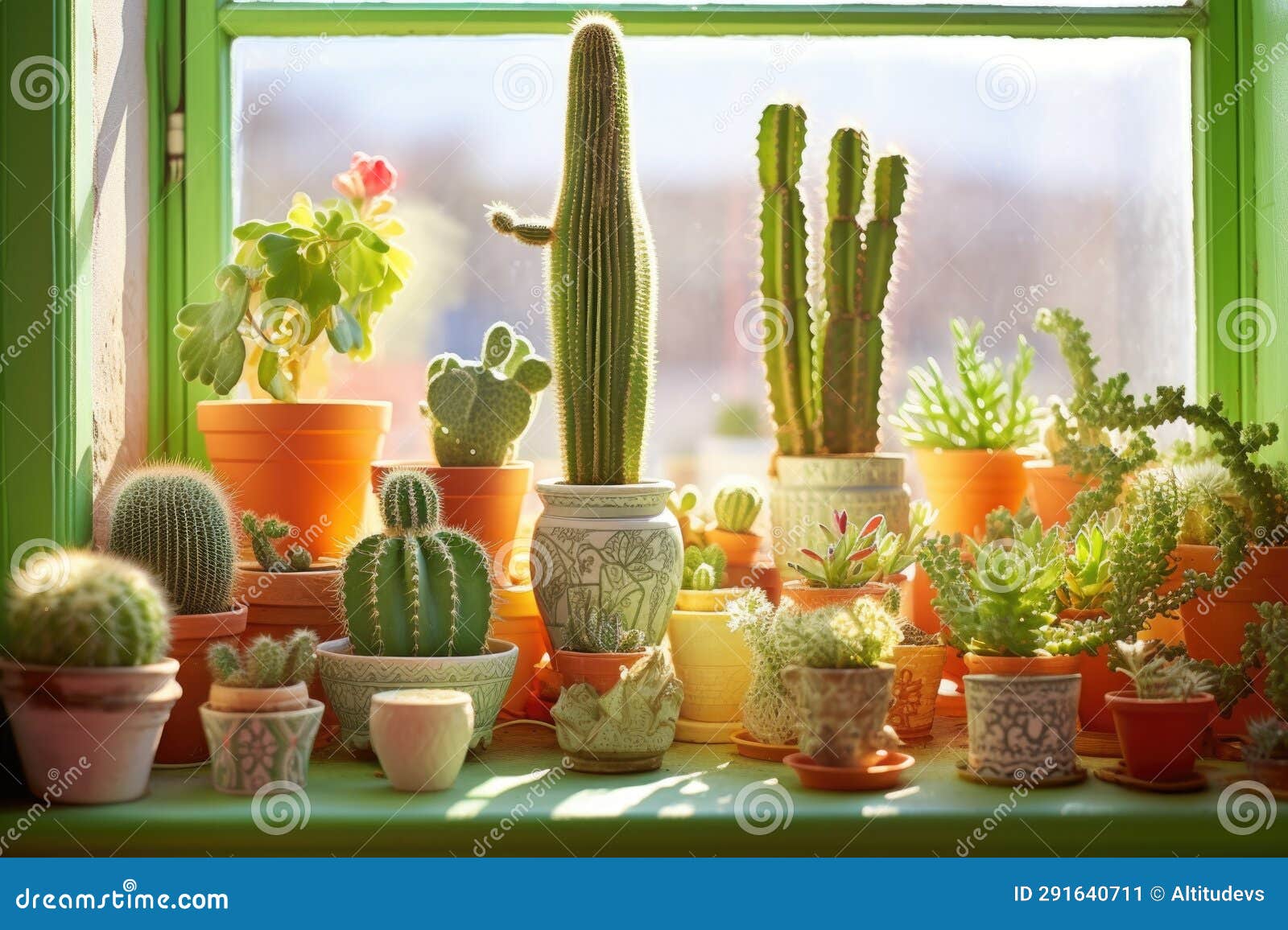 Cactus Collection on a Sunny Window Sill Stock Image - Image of window ...