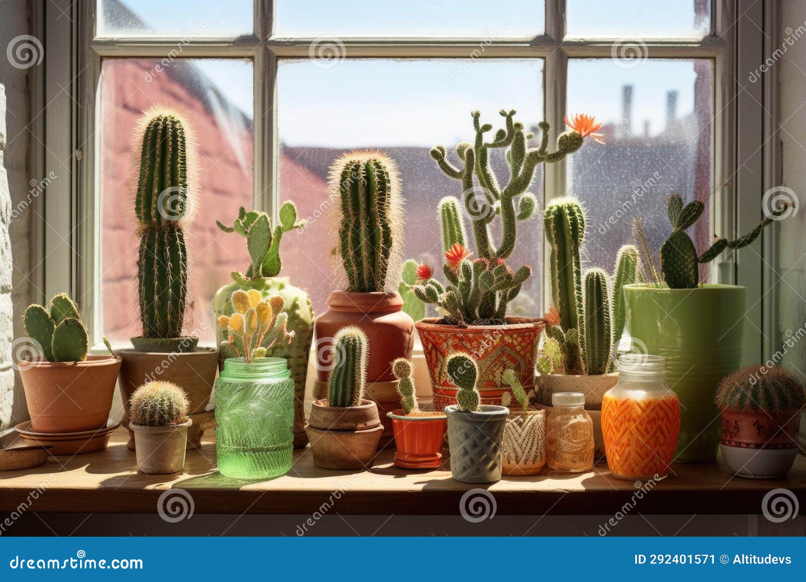 Cactus Collection on a Sunny Window Sill Stock Image - Image of indoor ...