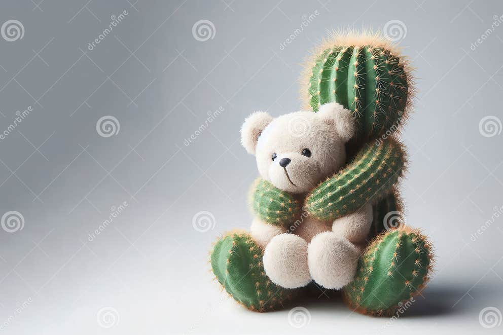 Cactus Cuddly Hugging a Toy Bear. Space for Text. Stock Photo - Image ...