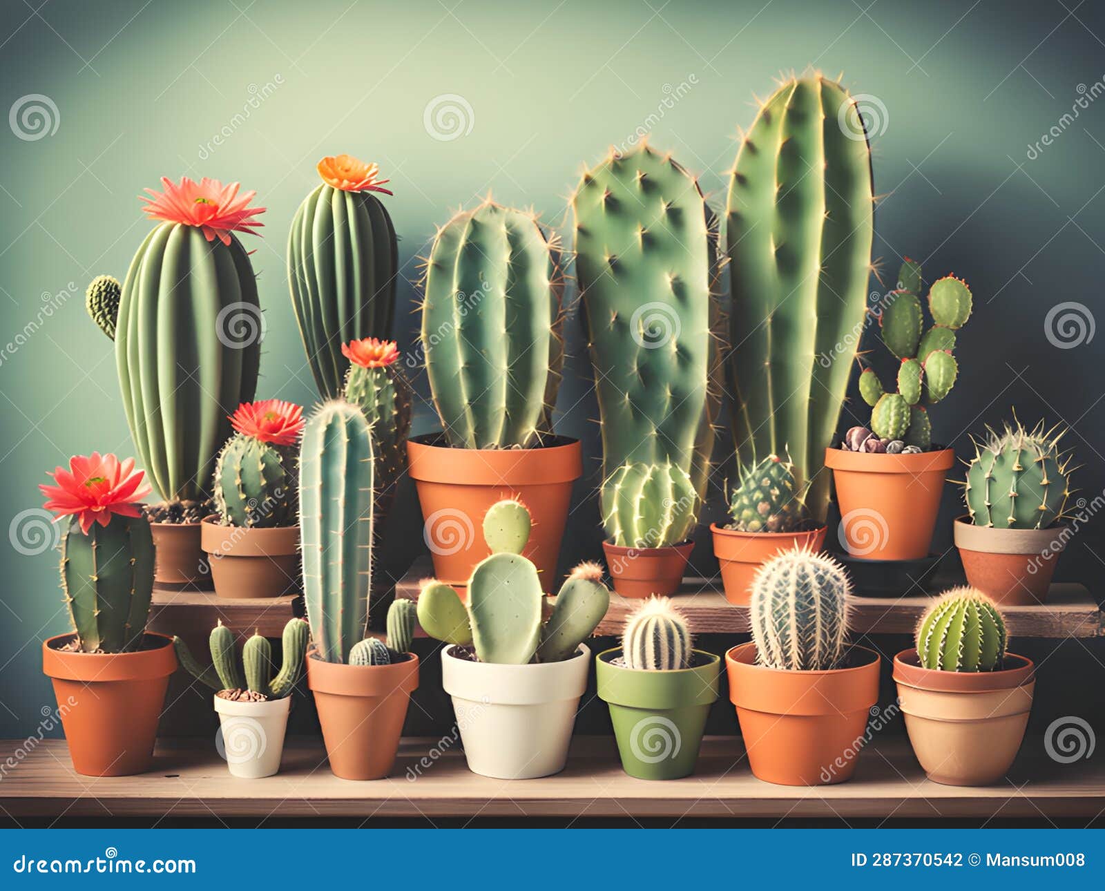 Cactus With Different Types Of Succulents On Green Background, Ai ...